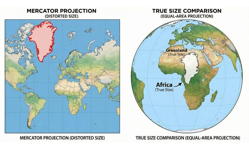 Greenland appears bigger on most world maps than it actually is in real ...
