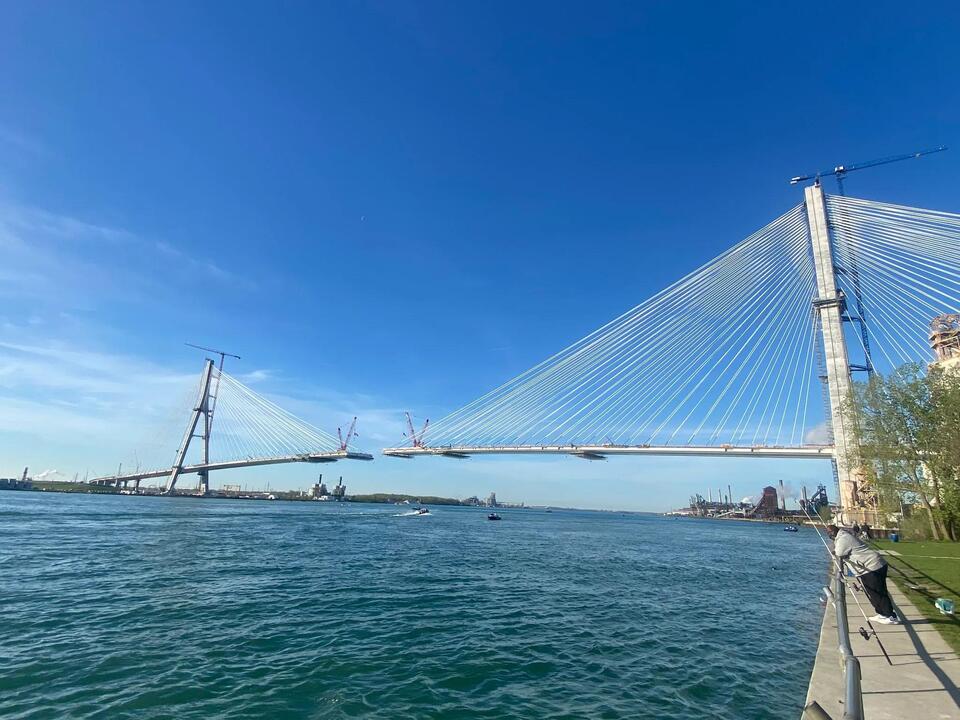 Two sides of Gordie Howe International Bridge about 200 feet away from ...