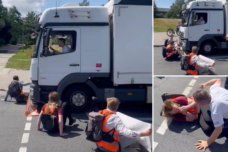 German trucker rams into climate protester blocking intersection, drags ...