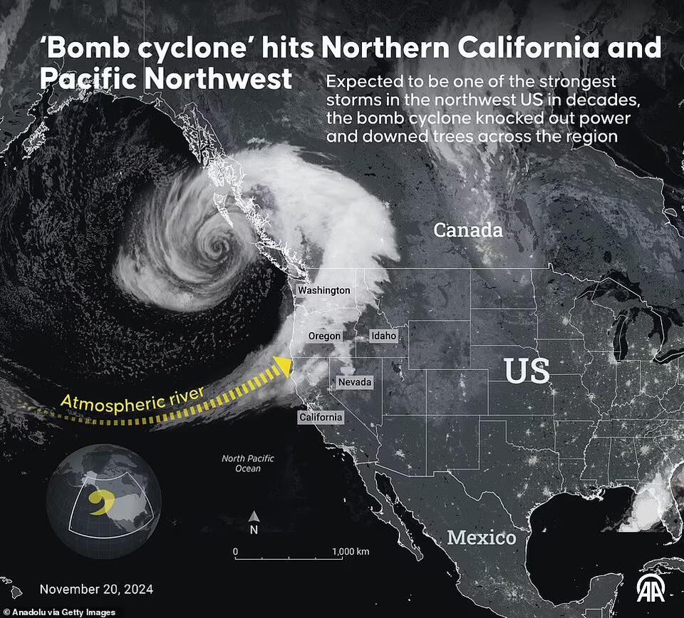 Map reveals 'once in a decade' bomb cyclone set to hit the West Coast ...