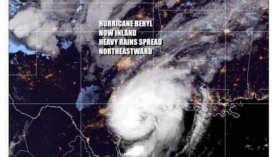 Beryl Inland spreading heavy rains East Texas to the Mississippi & Ohio ...
