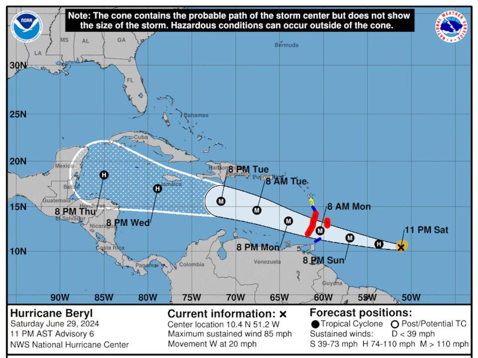 Beryl now a hurricane: Here’s the official forecast track