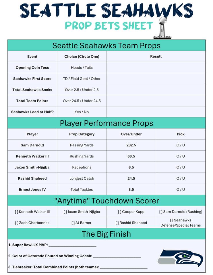 Free Seattle Seahawks Prop Bets Template: Printable PDF for Super Bowl ...