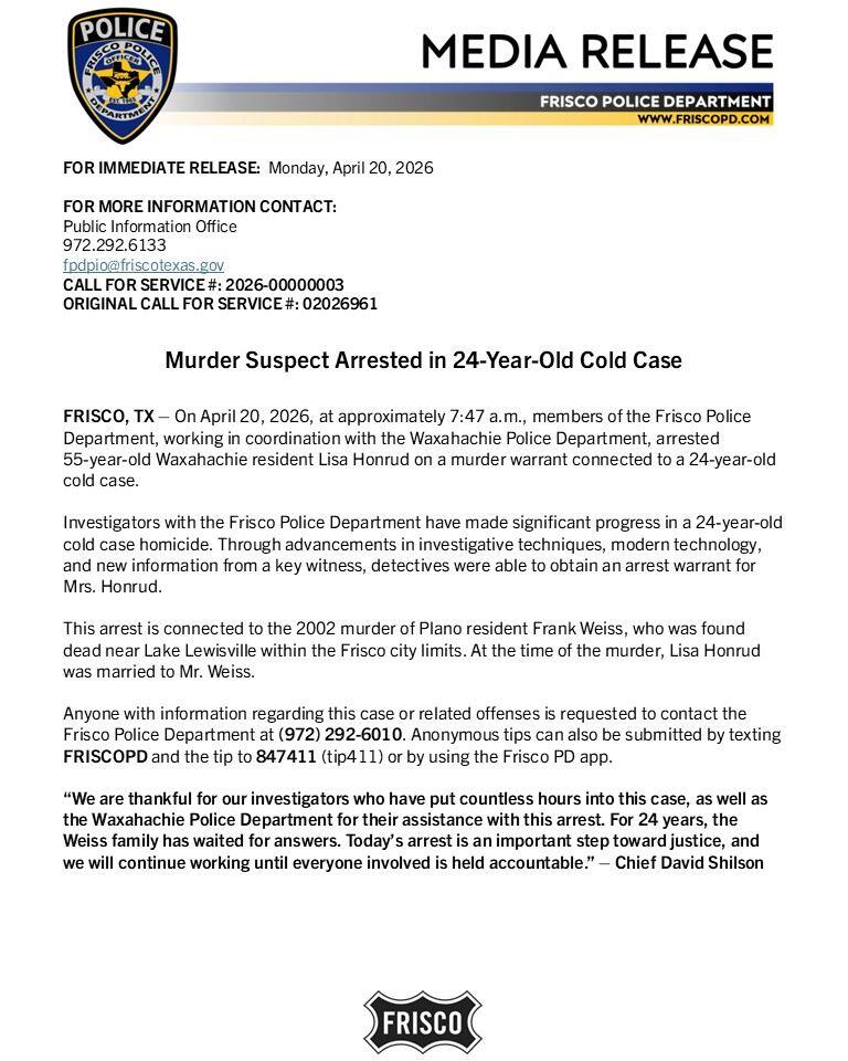 🚨 Frisco Police Arrest Suspect in 24‑Year‑Old Cold Case - NewsBreak