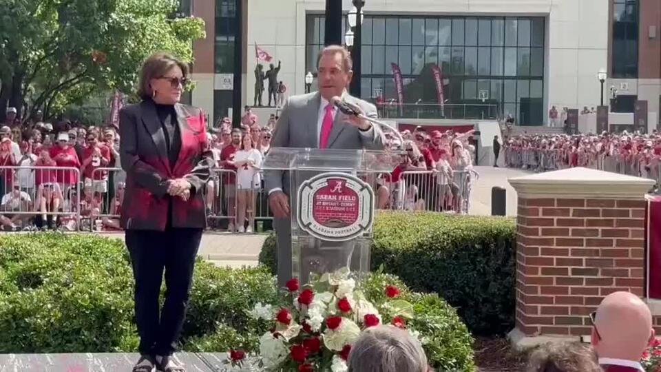 Nick Saban speaks to the crowd in Tuscaloosa as "Saban Field" is ...