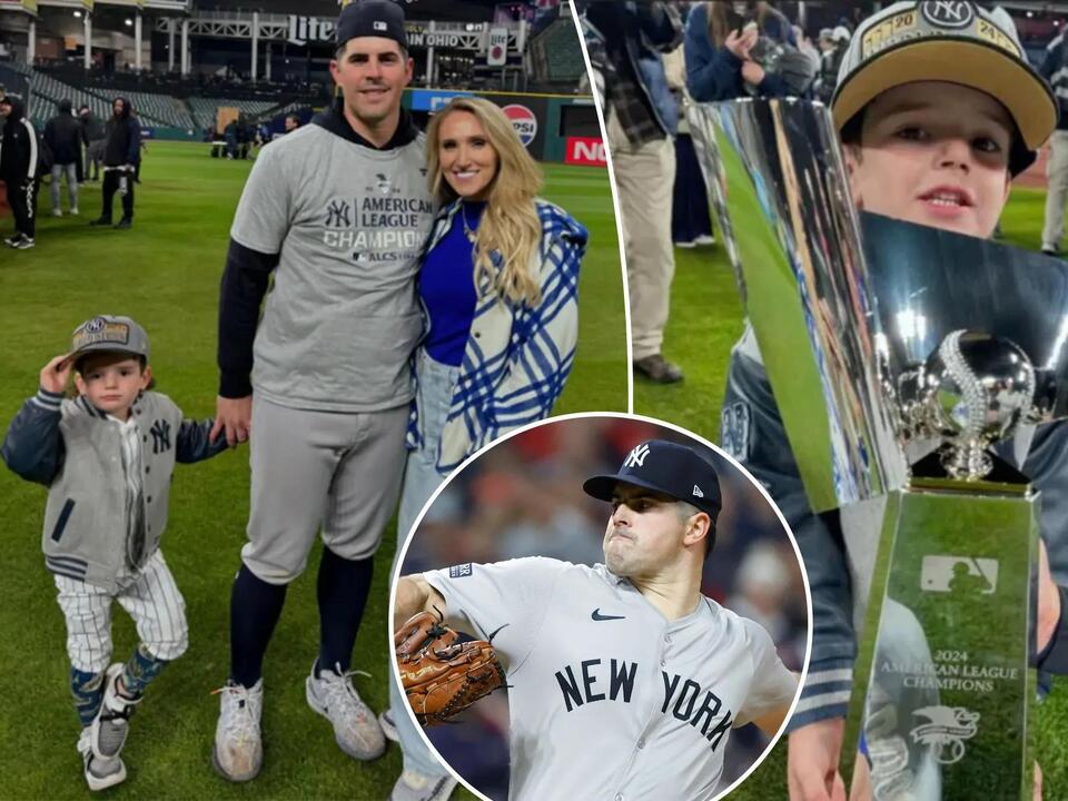 Carlos Rodón takes in Yankees’ ALCS win with wife Ashley and kids ...