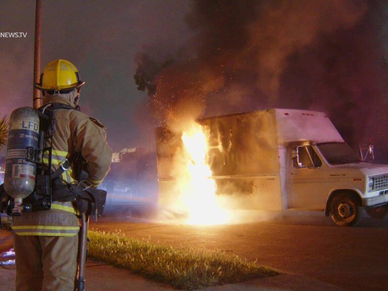 Box Truck Fire Threatens Commercial Building in South Los Angeles