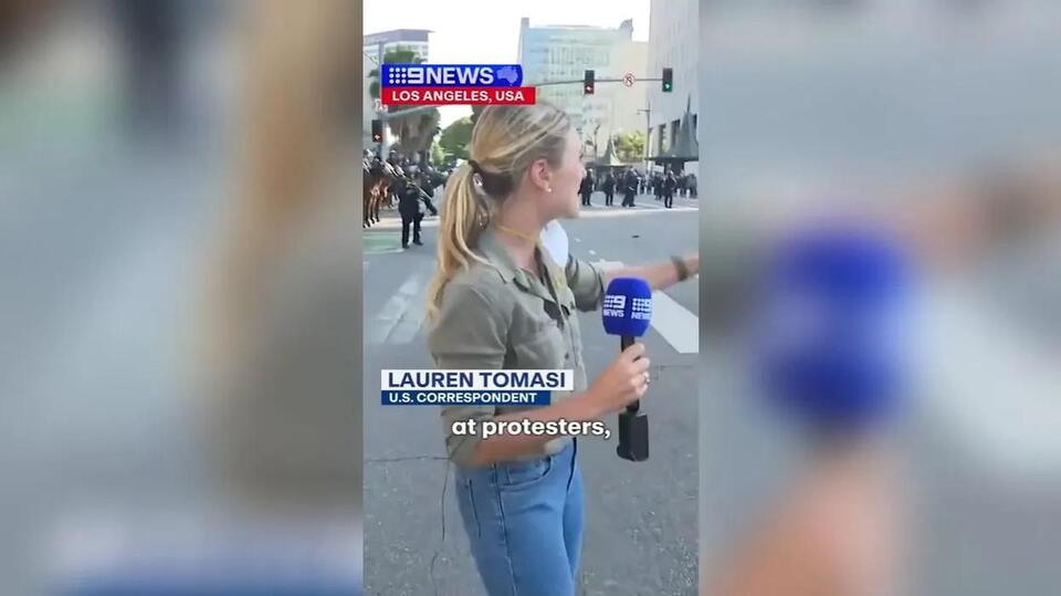 Moment Australian reporter shot with rubber bullets at LA protests ...