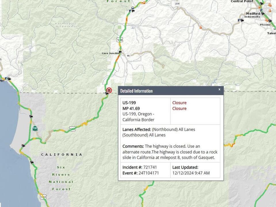 Redwood Highway reopens following closure due to rock slide