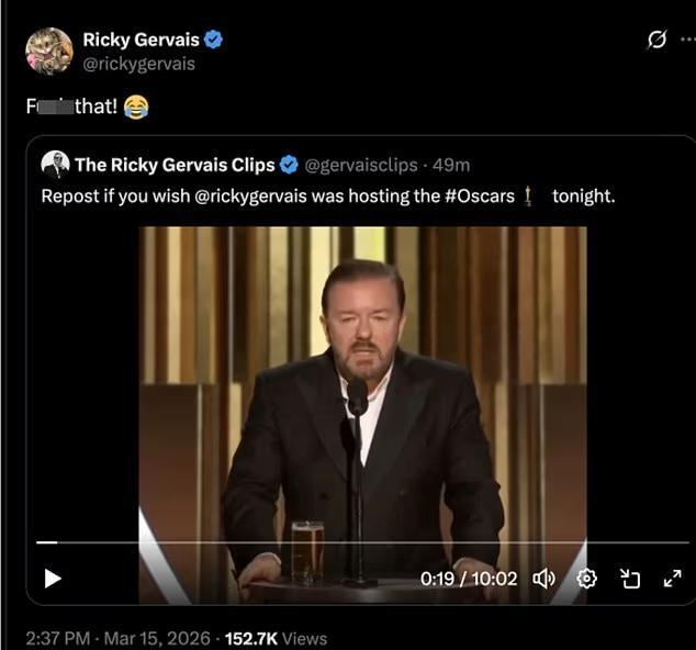Ricky Gervais gives shock two-word response to fans wanting him to host ...