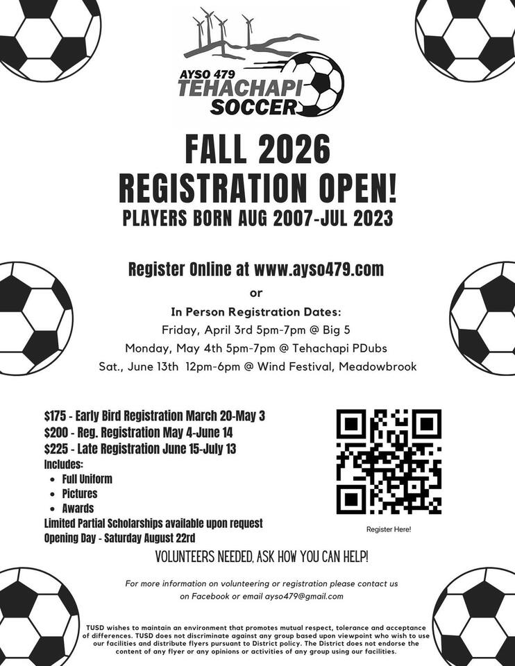 Early Registration Open for Tehachapi AYSO - NewsBreak