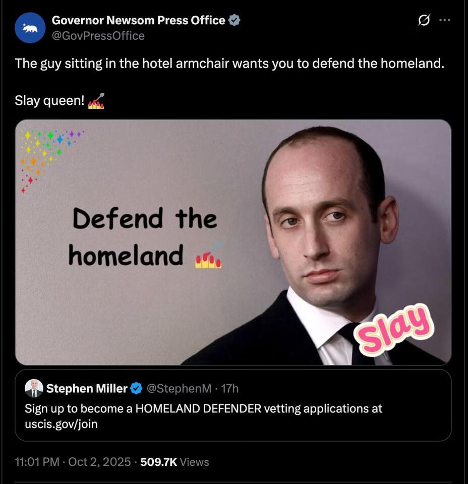 Newsom roasts Stephen Miller over ‘homeland defender’ call: ‘Slay queen ...