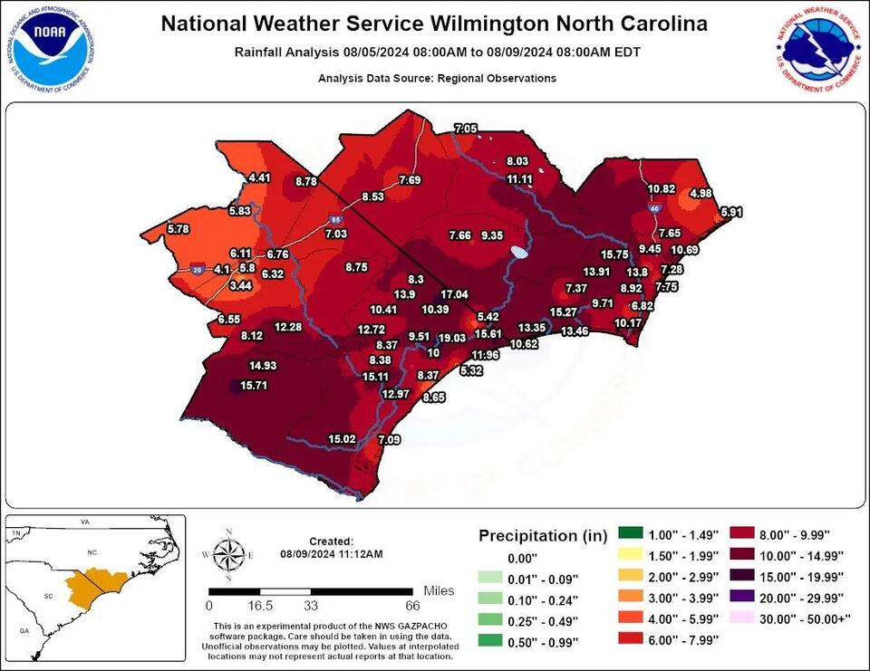 Tropical Storm Debby rainfall totals for the Wilmington area through ...