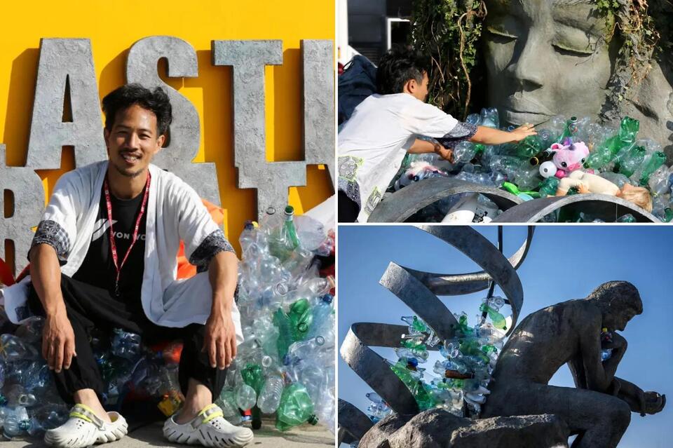 Artist drowns sculpture in plastic waste in front of UN office during ...