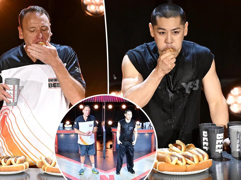 Joey Chestnut dominates Takeru Kobayashi in record-setting hot dog ...