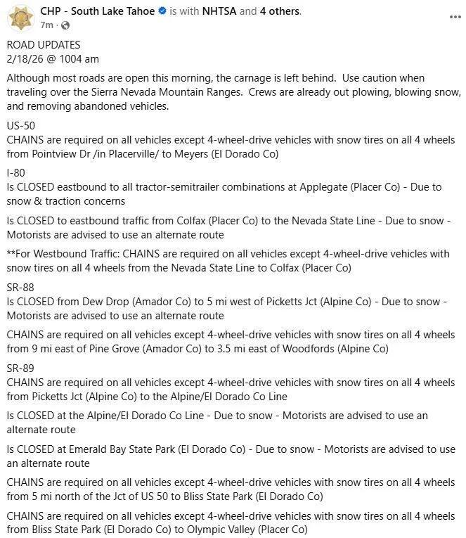 CHP: I-80 over Donner Summit reopens in both directions to cars; Mt ...