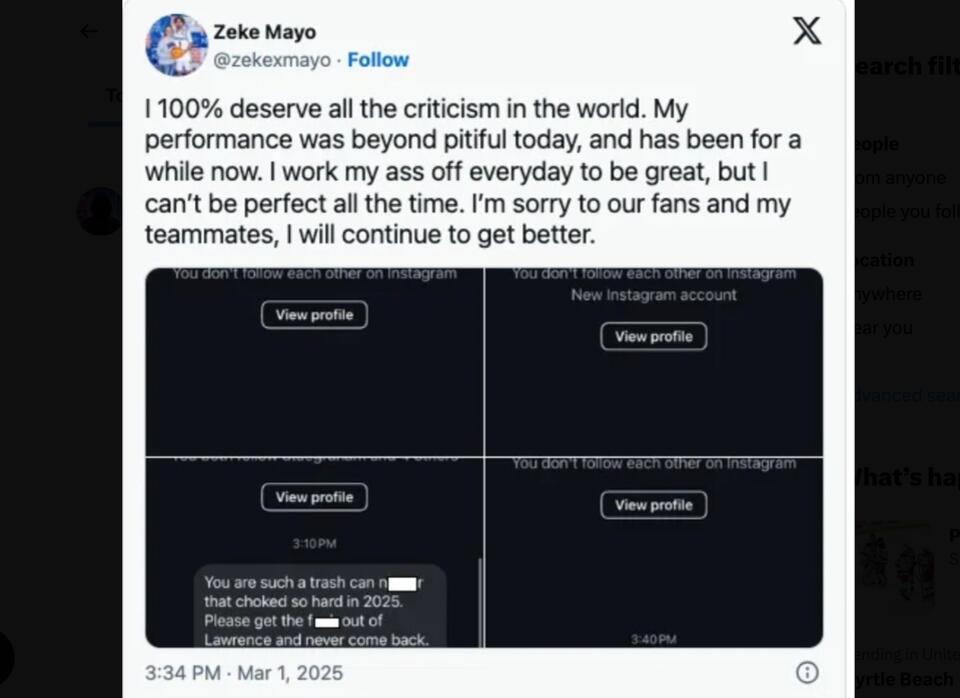 KU's Zeke Mayo shows screenshots of racist, hateful messages he ...