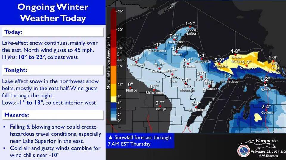 Lake-effect snow falling in the Upper Peninsula, up to 9 inches ...