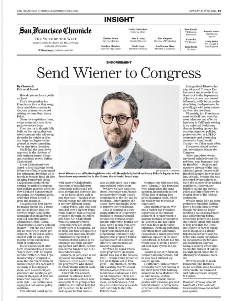 SF Chronicle endorses Scott Wiener for Congress - NewsBreak