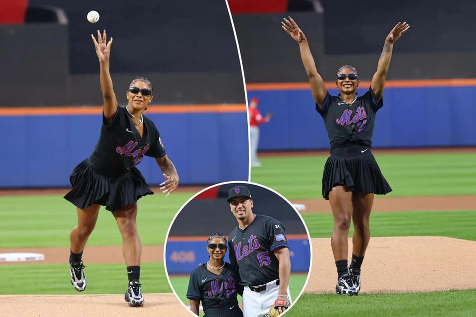 Jordan Chiles throws Mets first pitch while showing off mysterious new ...