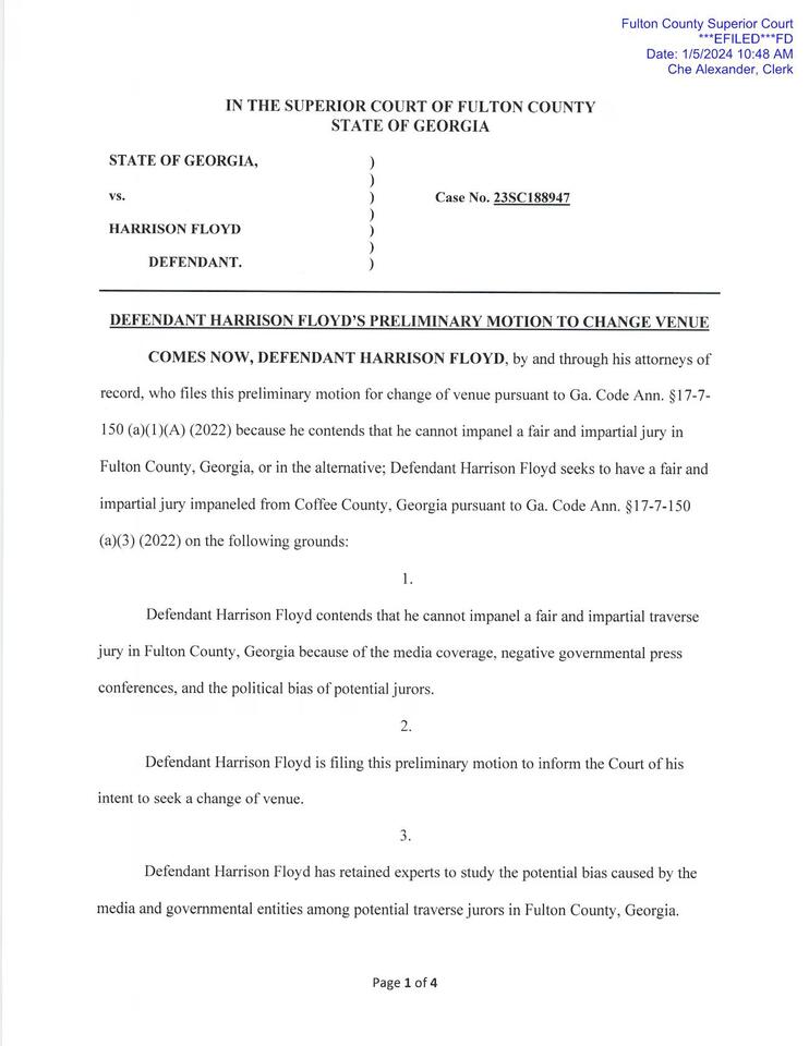 Harrison Floyd requests change of trial venue from Fulton County ...