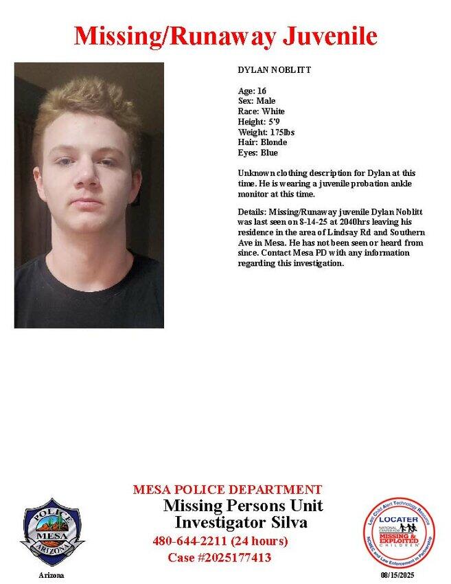 Dylan Noblitt, 16, missing from Mesa, police say - NewsBreak