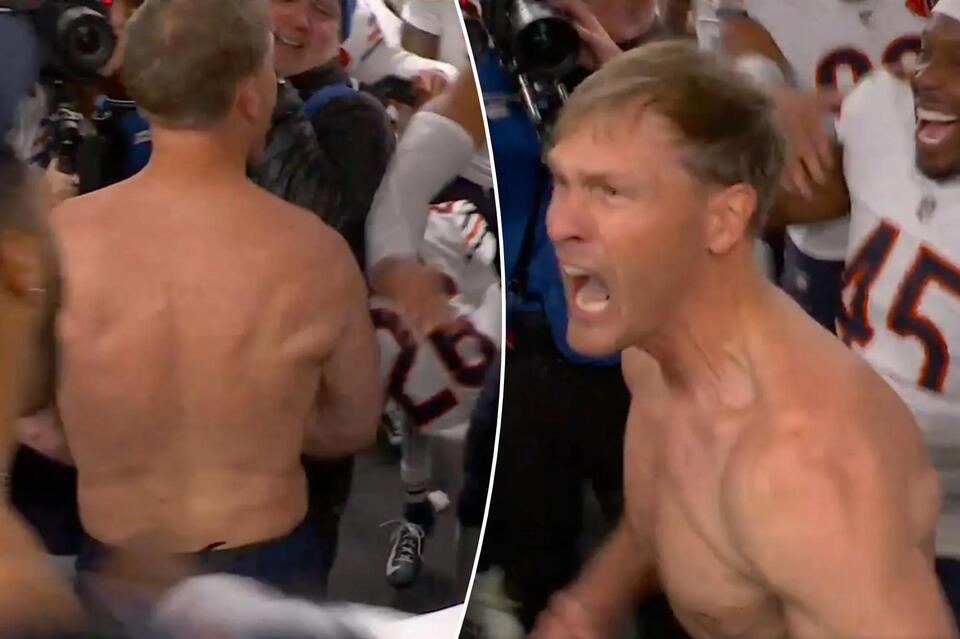 Bears coach Ben Johnson rips shirt off after victory in epic moment ...