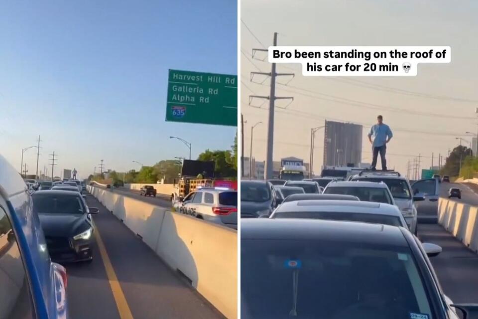 Furious Driver Stands on Car Roof in Dallas Gridlock for 20 Minutes ...