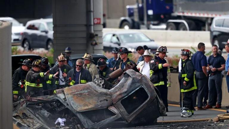 Car plummets off Boston overpass, bursts into flames in fatal crash ...