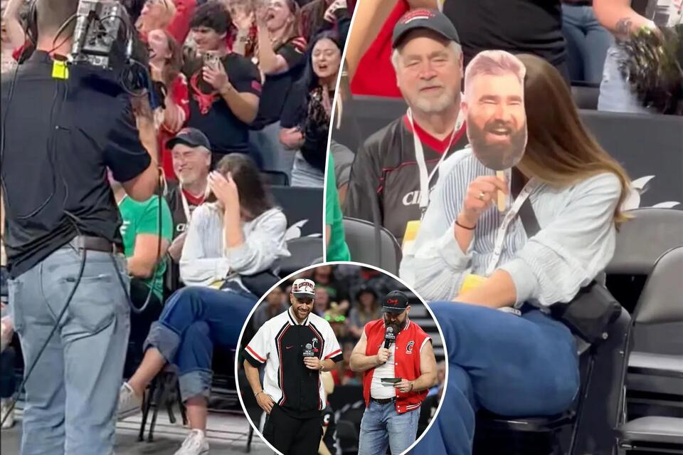 Kylie Kelce shields face with Jason Kelce mask during hectic ‘New ...