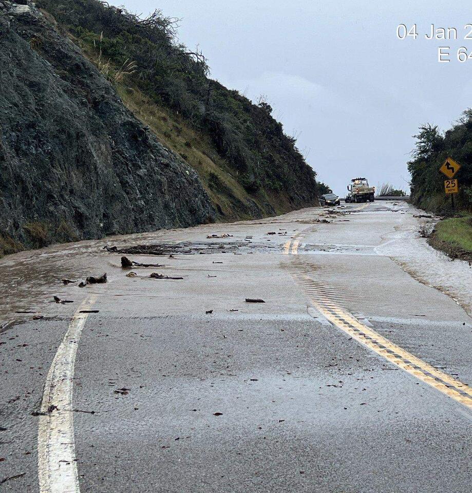 Rocks, flooding close Highway 1 north of SLO County - NewsBreak
