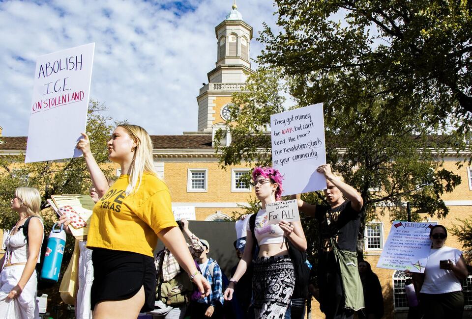 Students participate in early No Kings protest on campus - NewsBreak