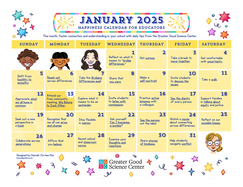 Happiness Calendar for Educators for January 2025 - NewsBreak
