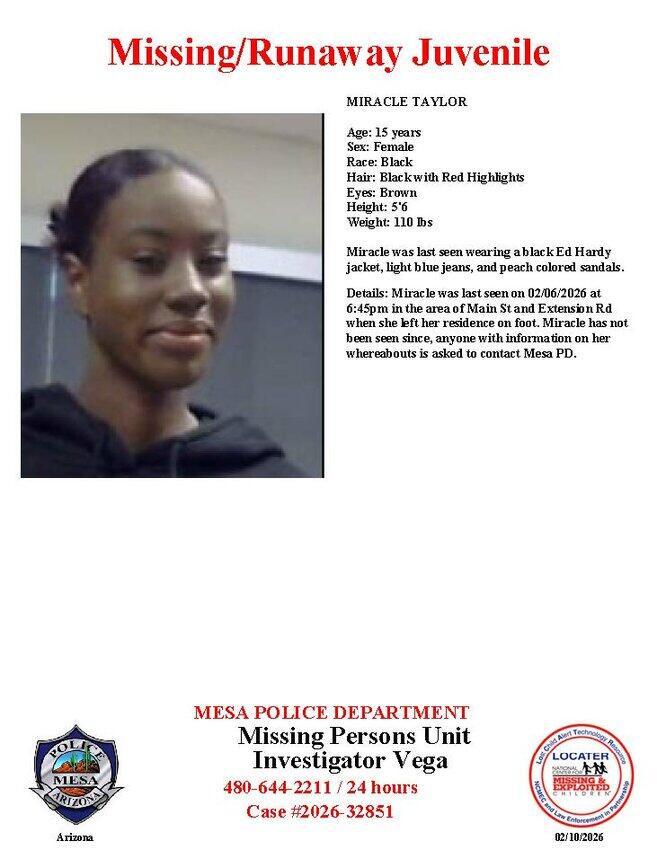 Miracle Taylor, 15, missing from Mesa, police say - NewsBreak