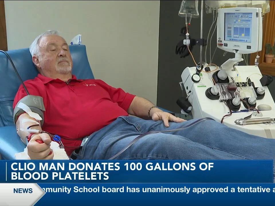 Clio man reaches 100-gallon blood platelet donation milestone