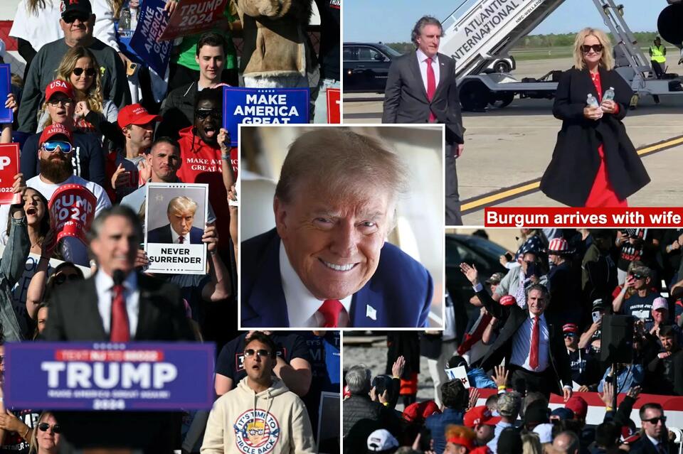 Donald Trump flies VP contender Doug Burgum with him to massive rally ...
