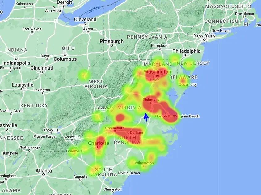 Bright fireball over North Carolina – Virginia border region