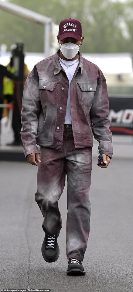 Lewis Hamilton turns heads in a bleached wash denim jacket and matching ...
