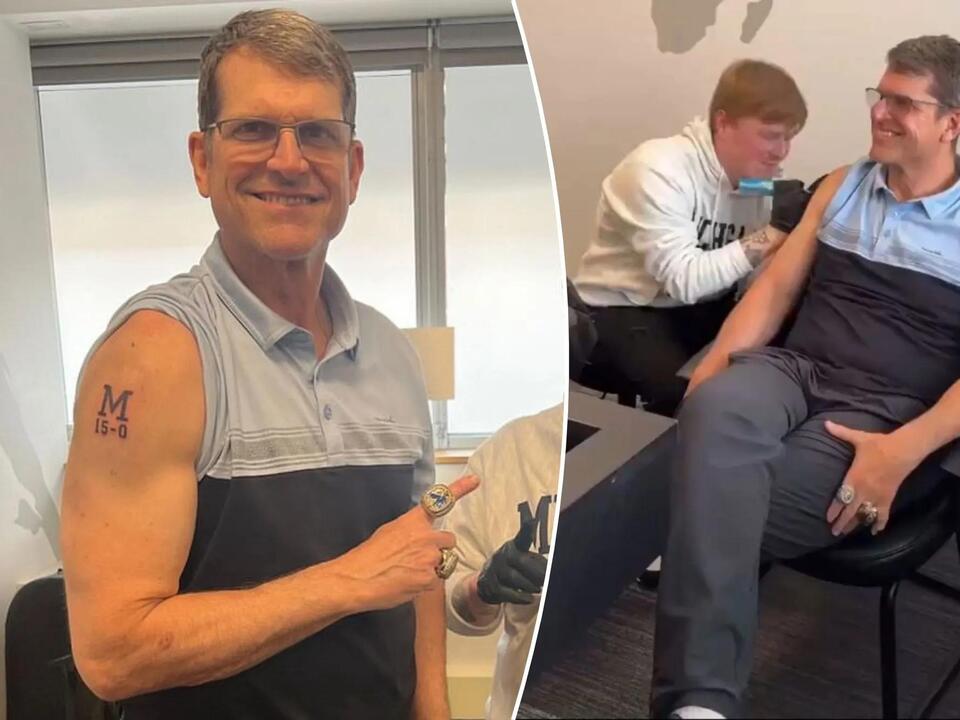 Jim Harbaugh keeps word, gets Michigan ‘15-0′ tattoo: ‘Impervious to pain’