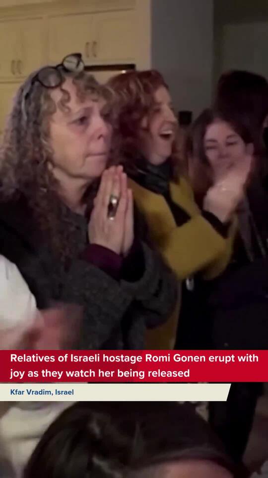Relatives of Israeli hostage Romi Gonen erupt with joy as they watch ...