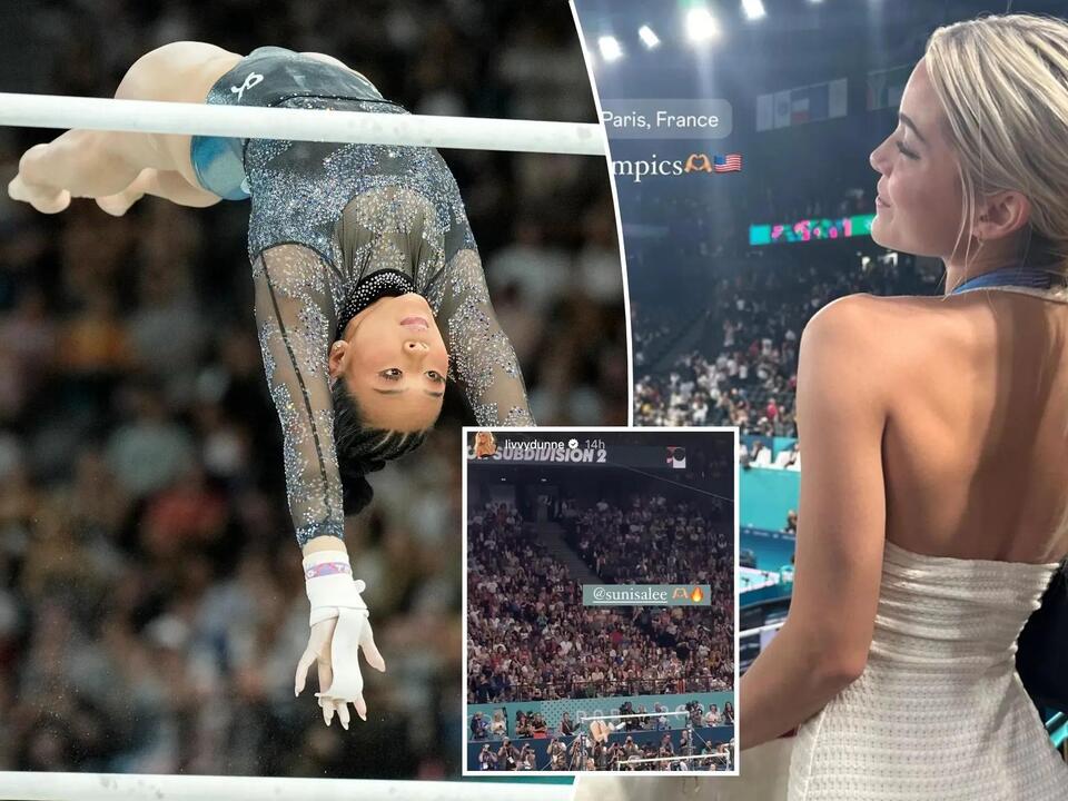Livvy Dunne cheers on Suni Lee while taking in gymnastics at Paris Olympics