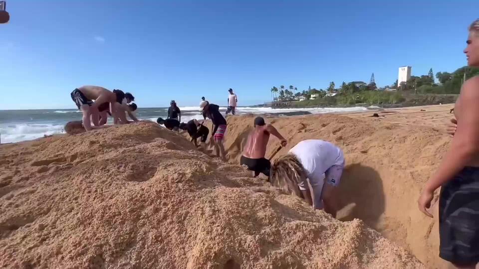 Surfers break sand berm which created waves to ride surfing hawaii ...