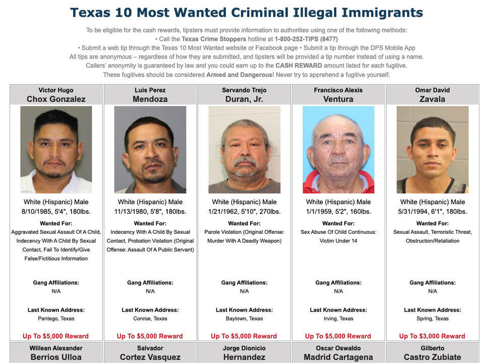 Texas launches '10 Most Wanted Criminal Illegal Immigrant List'