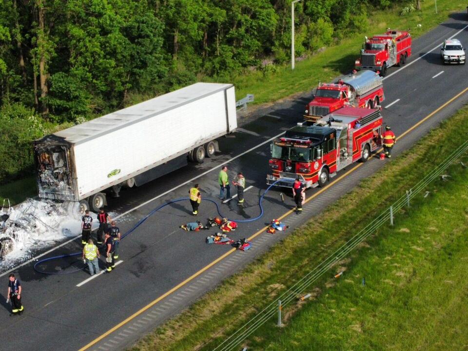Tractor-trailer catches fire along Route 33 North