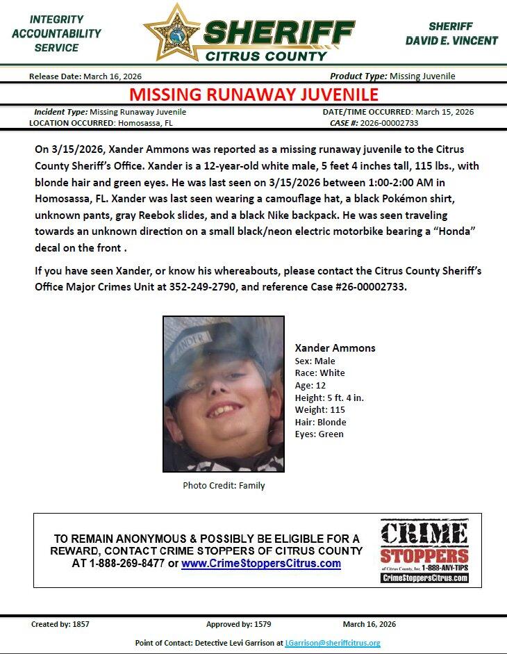Missing runaway juvenile Xander Ammons - NewsBreak