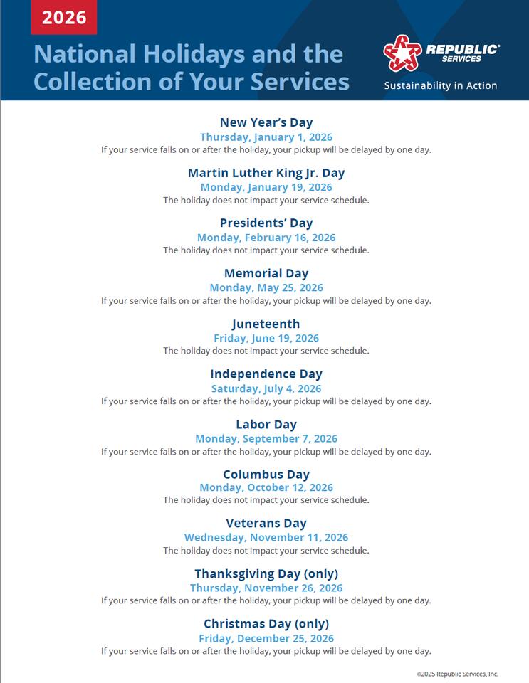 Republic Services 2026 holiday recycling schedule - NewsBreak
