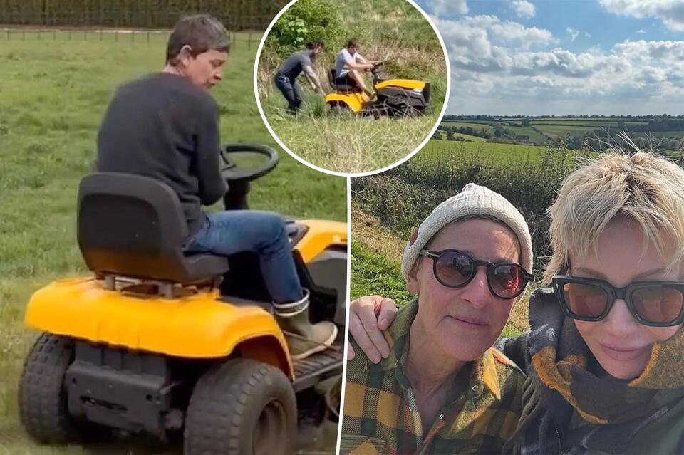 Ellen DeGeneres shows off new look in the Cotswolds as she mows lawn at ...