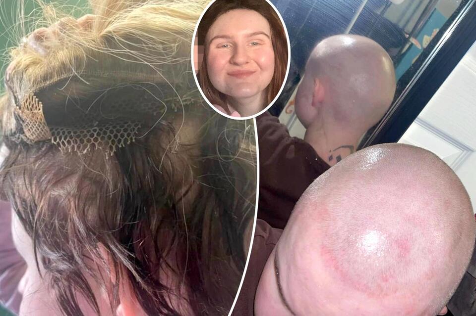 Woman forced to shave her whole head over hair extensions mishap, bald ...
