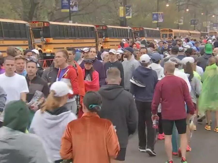 Runners prepare to head to the Boston Marathon starting line