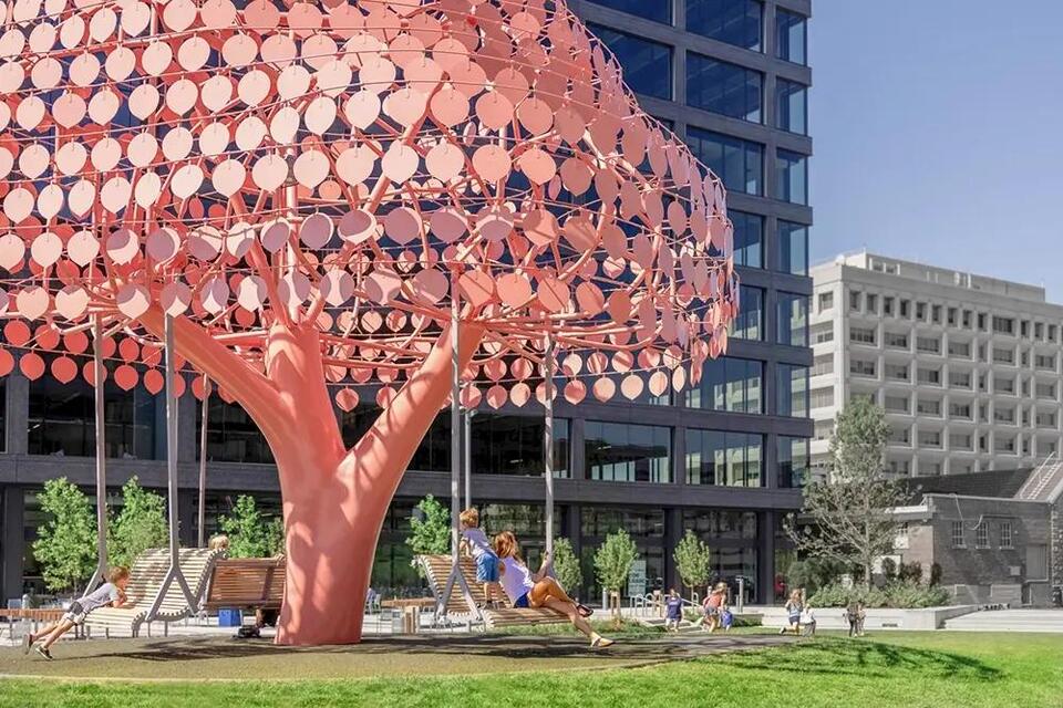 An installation of a striking pink tree in downtown Boise, Idaho, is a ...